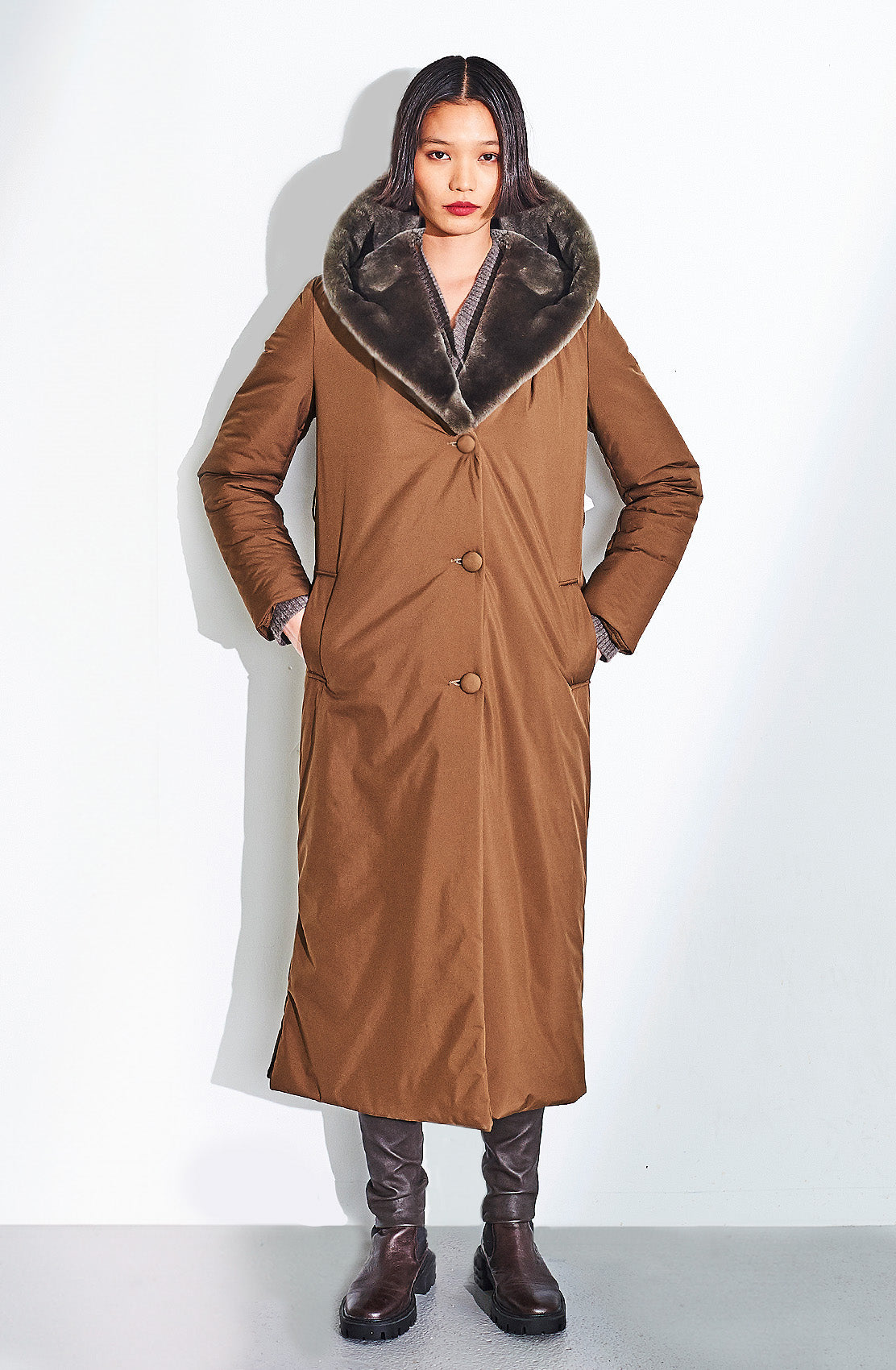 Quilted Textile Button Long Coat Shearling Lined Hood